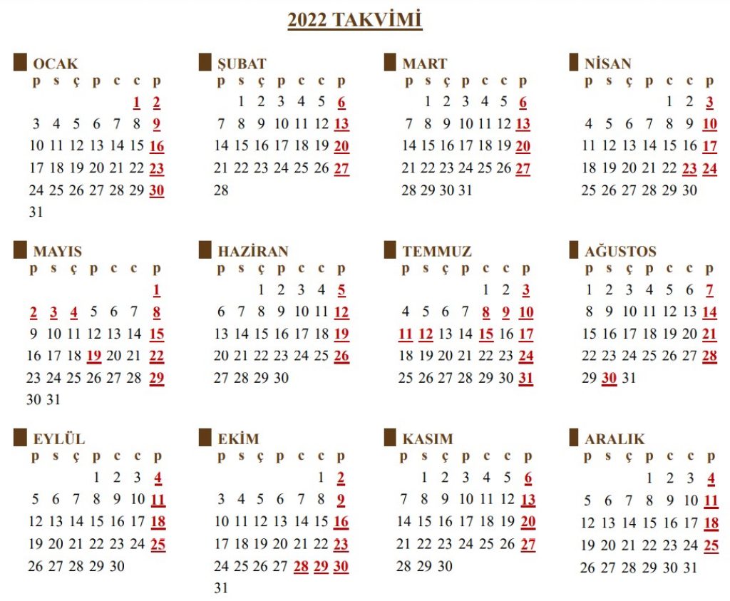2022 Takvim - Takvim 2022 İndir PDF - 2022 Takvim İndir